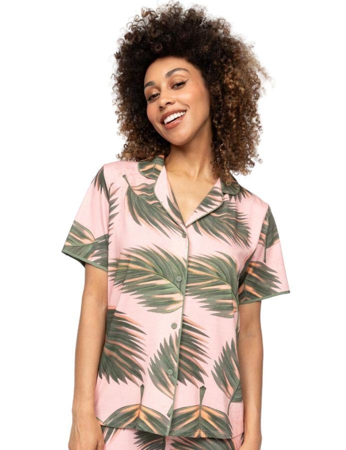 Cyberjammies Lea Leaf Print Jersey Pyjama Top - Salmon Pink Mix